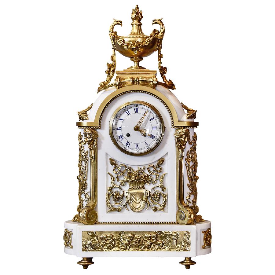 French Empire Mantel Clock in White Marble - Renaissance Antiques