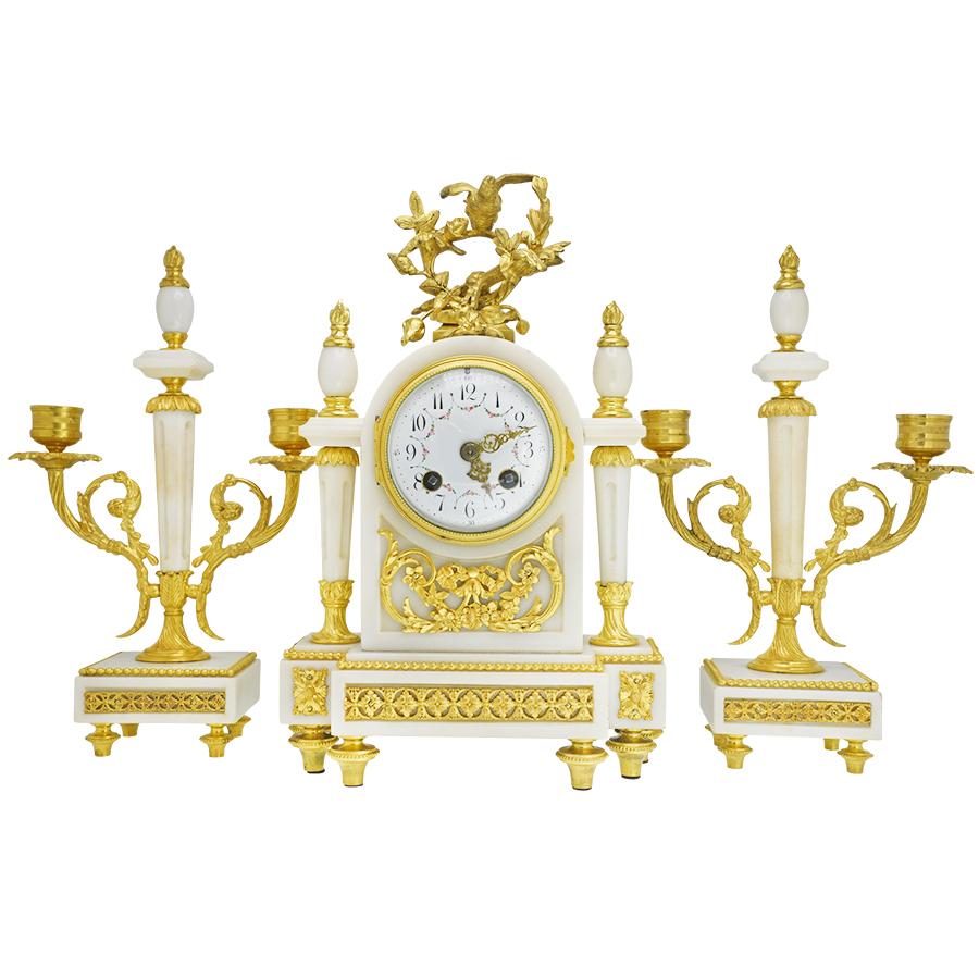French Carrara Marble Garniture Clock Set - Renaissance Antiques