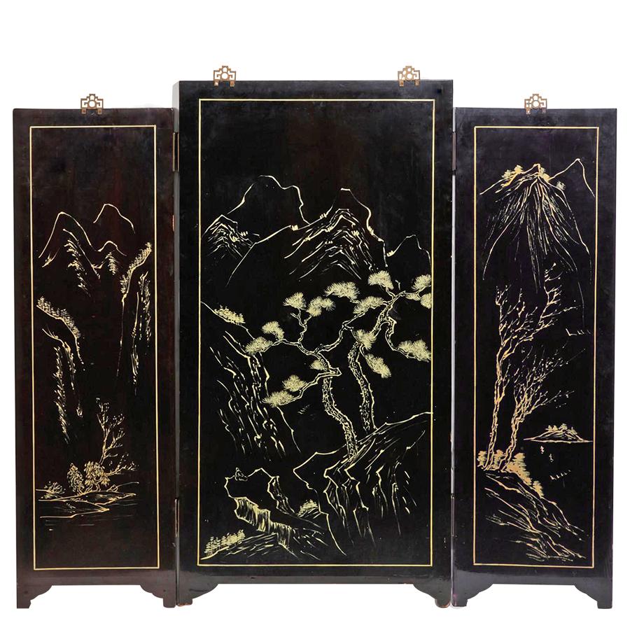 Chinese Lacquered Three-Panel Screen with Hardstone Carvings ...