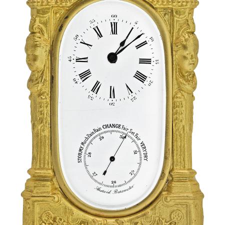 French Gilt Spelter Carriage Clock With Barometer - Renaissance Antiques