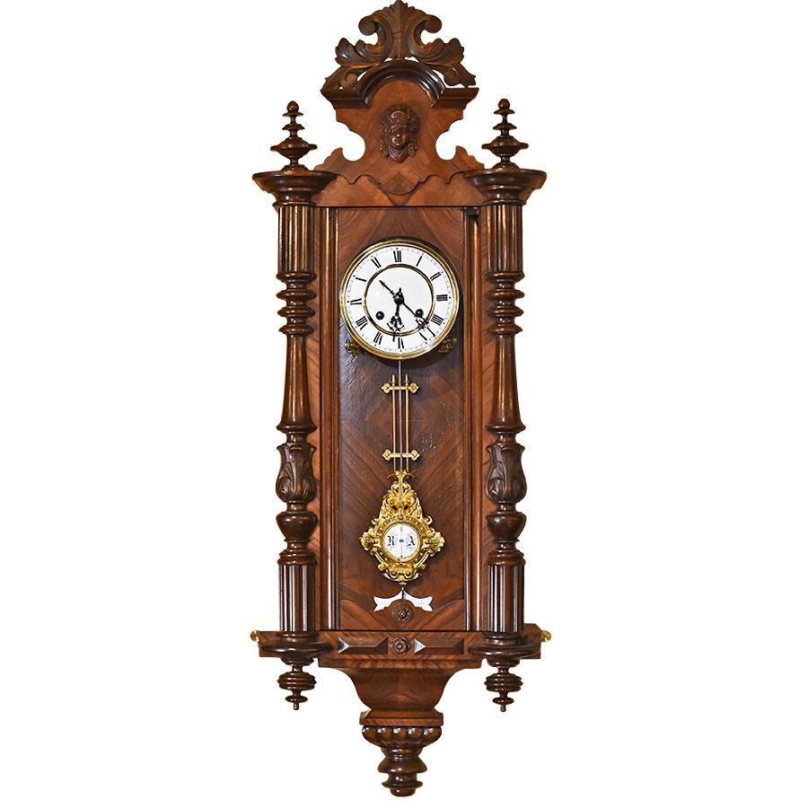 German Wall Clock In Elaborate Walnut Case - Renaissance Antiques