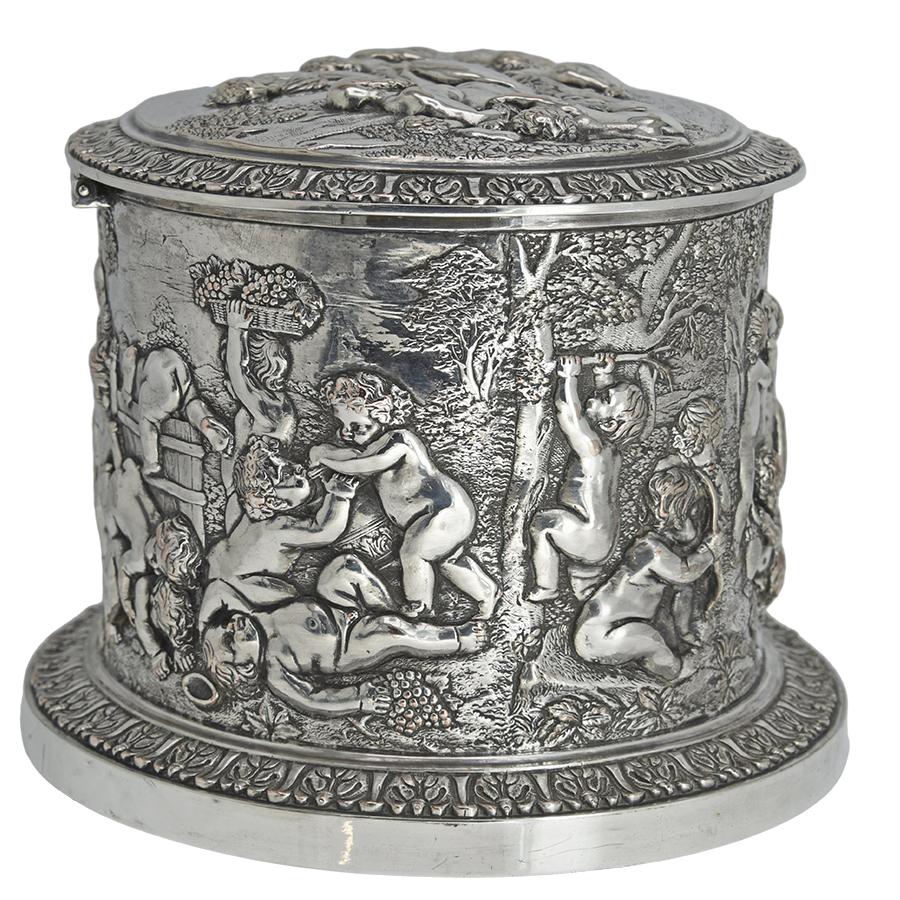 English Silverplate Oval Lidded Repoussé Box - Renaissance Antiques
