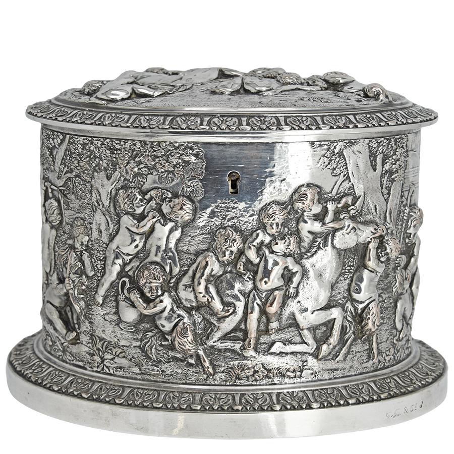 English Silverplate Oval Lidded Repoussé Box - Renaissance Antiques