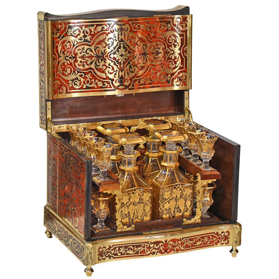 French Red Tortoiseshell Boulle Marquetry Tantalus with Moser Glass ...