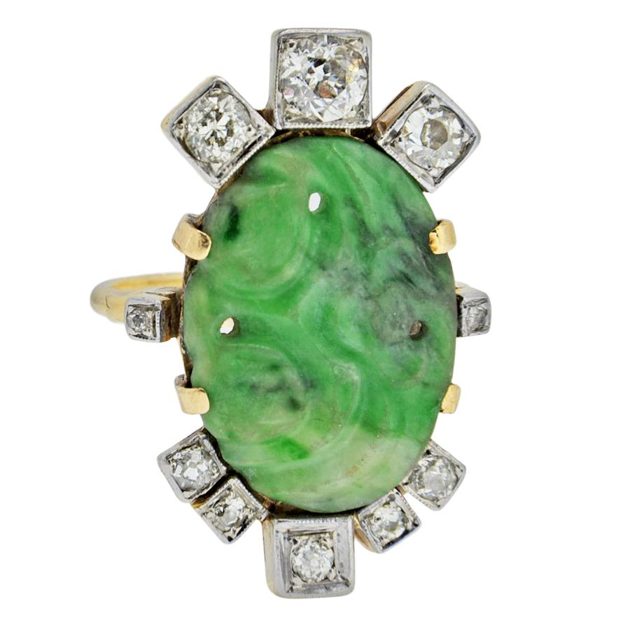 Carved Jade and Old Mine Cut Diamond Ring - Renaissance Antiques