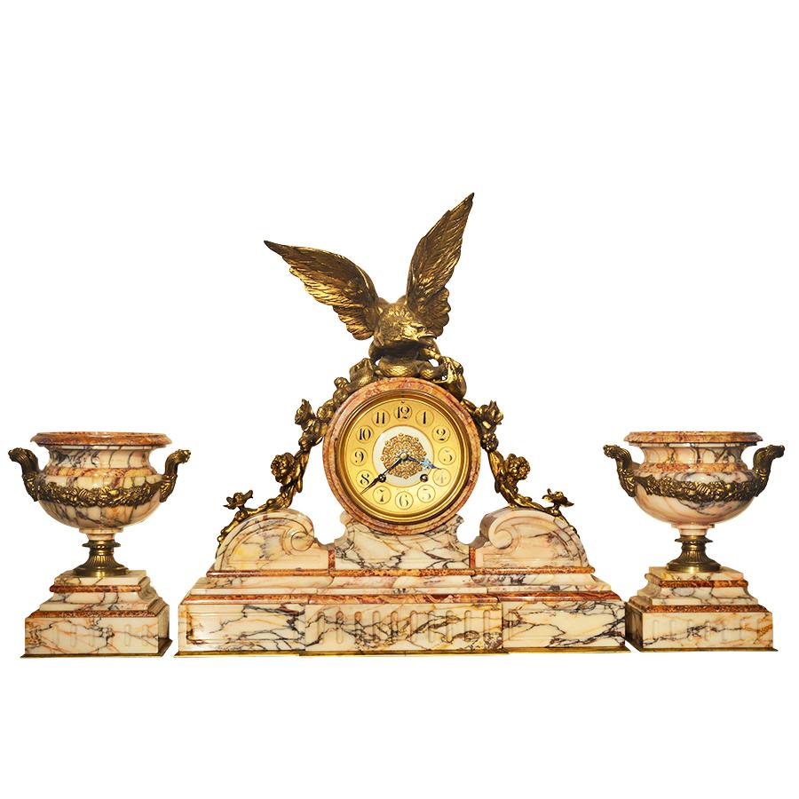 French Sienna Marble Clock Garniture - Renaissance Antiques