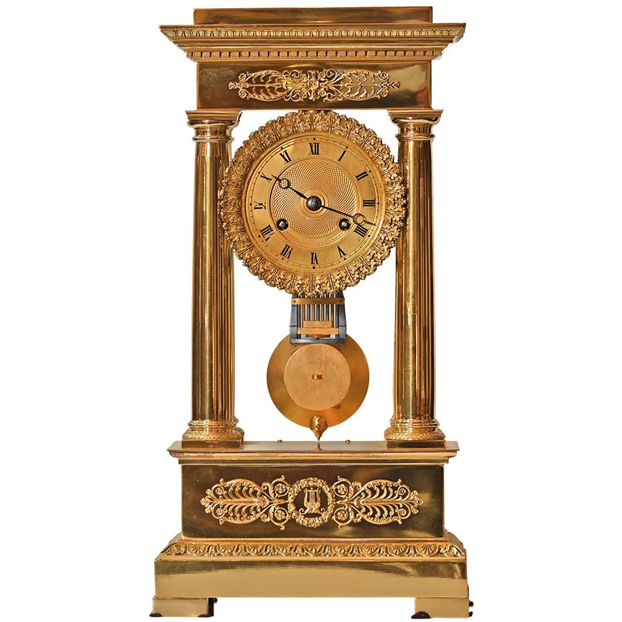 French Portico Clock in Polished Brass - Renaissance Antiques