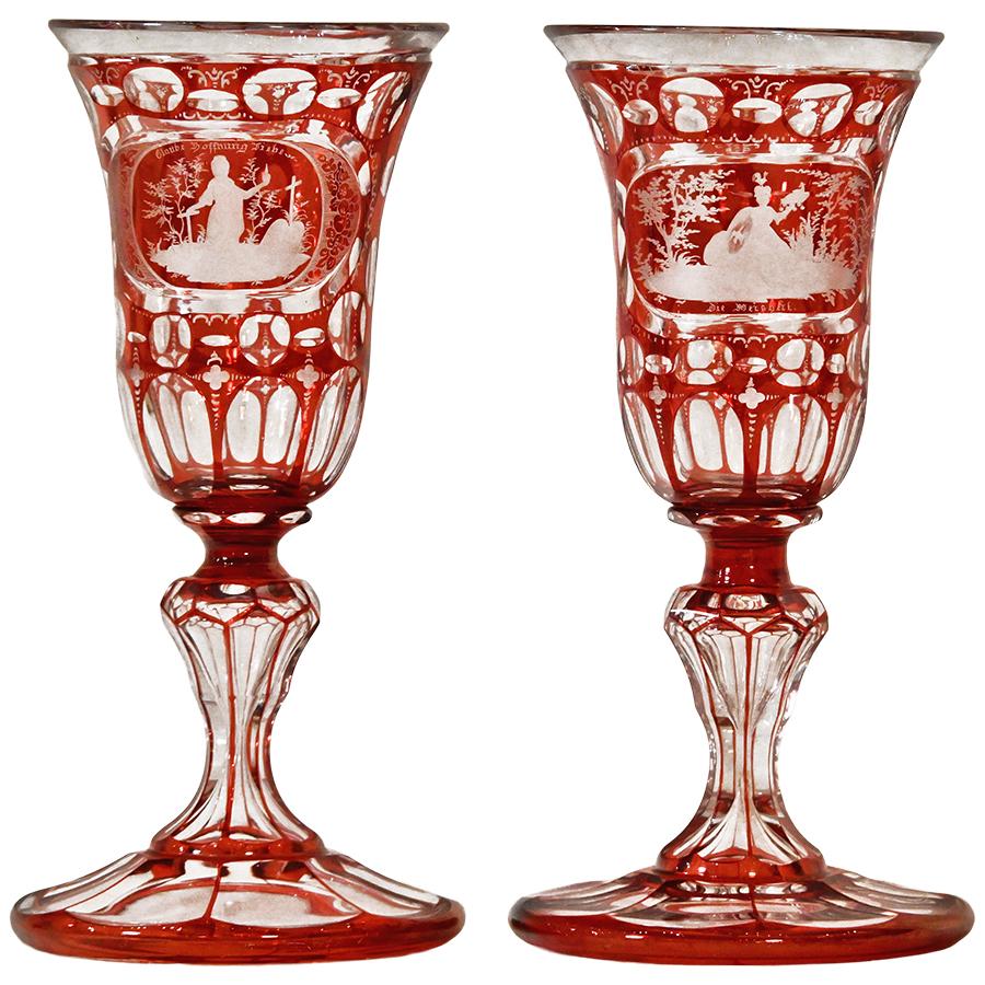 German Pair of Ruby Cut-To-Clear Glass Goblets - Renaissance Antiques