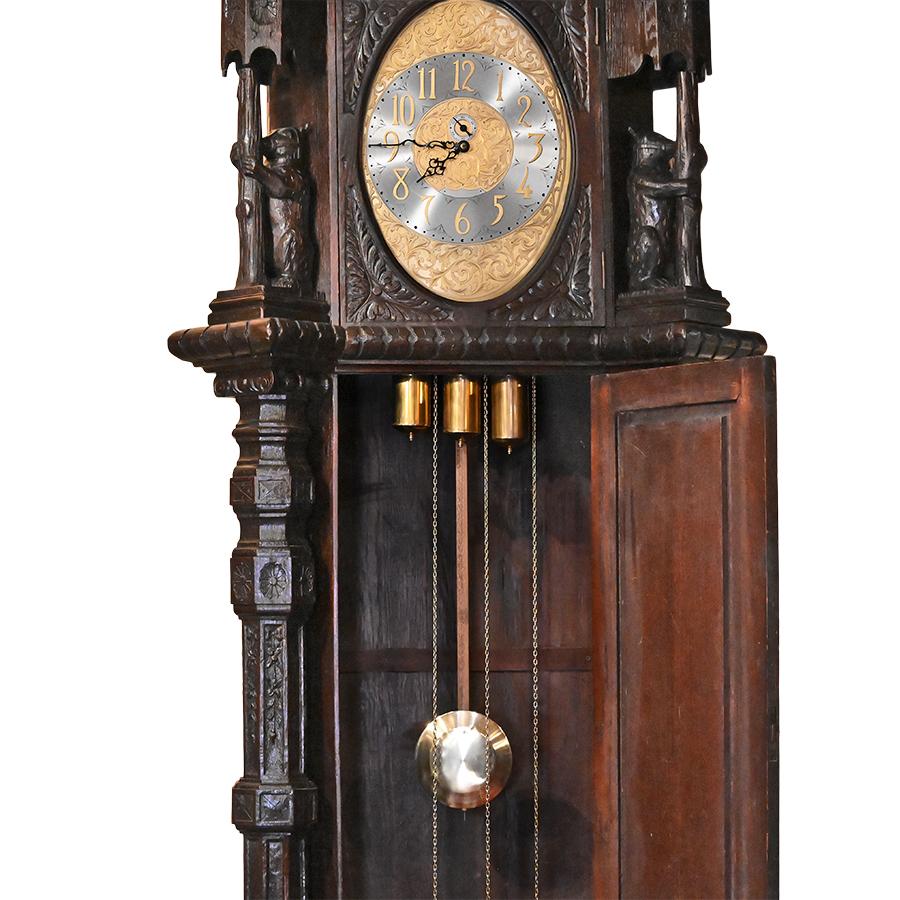 English Monumental Carved Oak Hall Clock - Renaissance Antiques