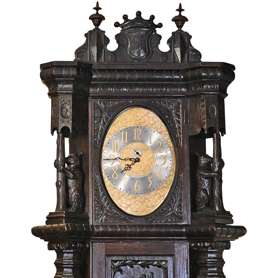 English Monumental Carved Oak Hall Clock - Renaissance Antiques