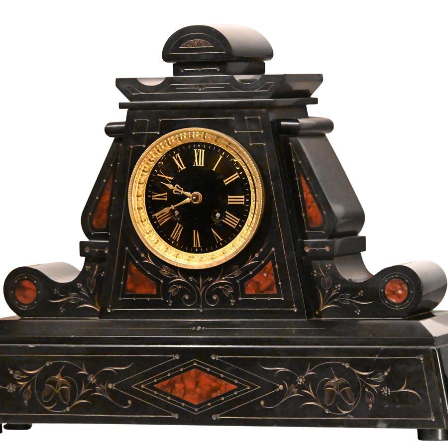 French Belgian Marble Clock Garniture - Renaissance Antiques