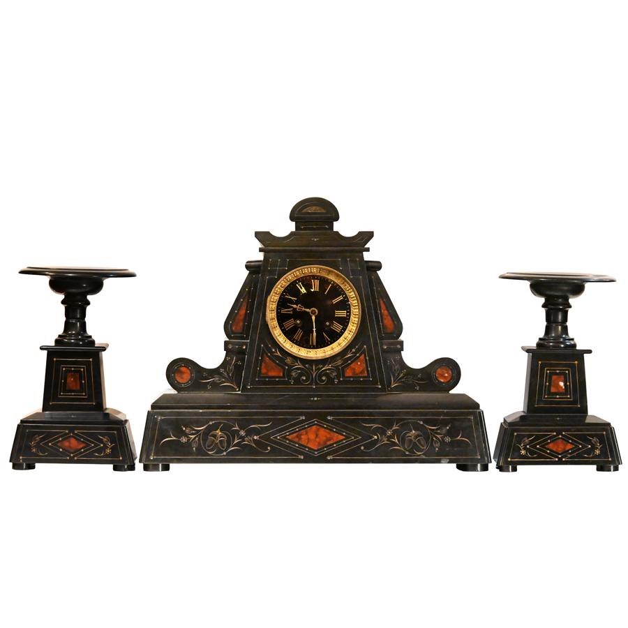 French Belgian Marble Clock Garniture - Renaissance Antiques
