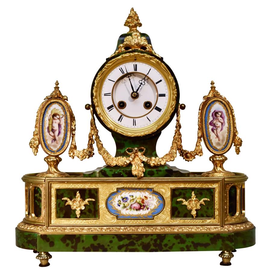 French Green Tortoise Shell Mantel Clock - Renaissance Antiques