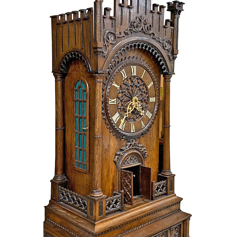 German Rare Carved Oak Trumpeter Clock - Renaissance Antiques