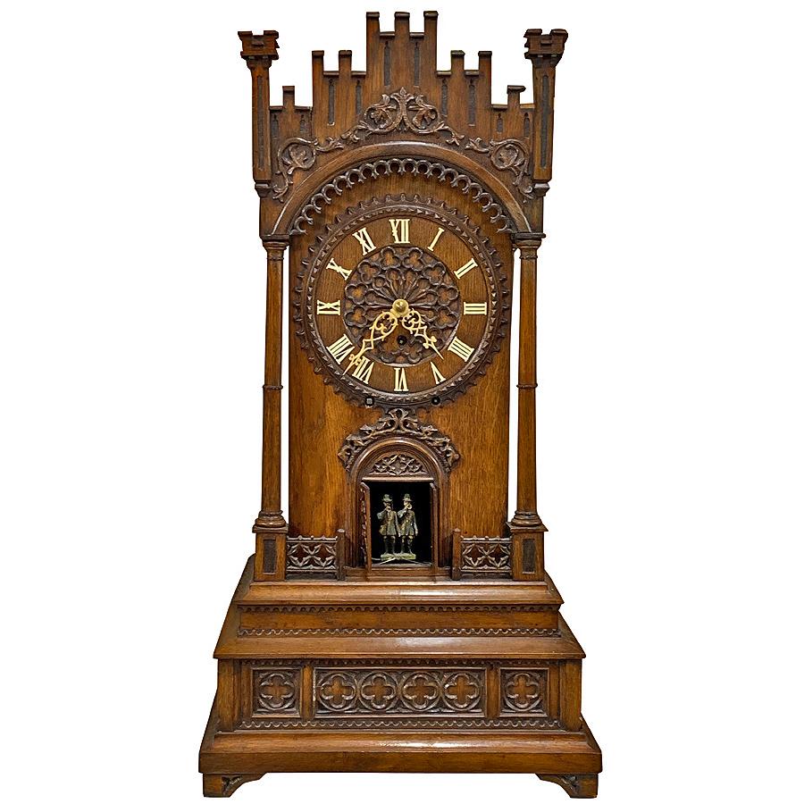 German Rare Carved Oak Trumpeter Clock - Renaissance Antiques