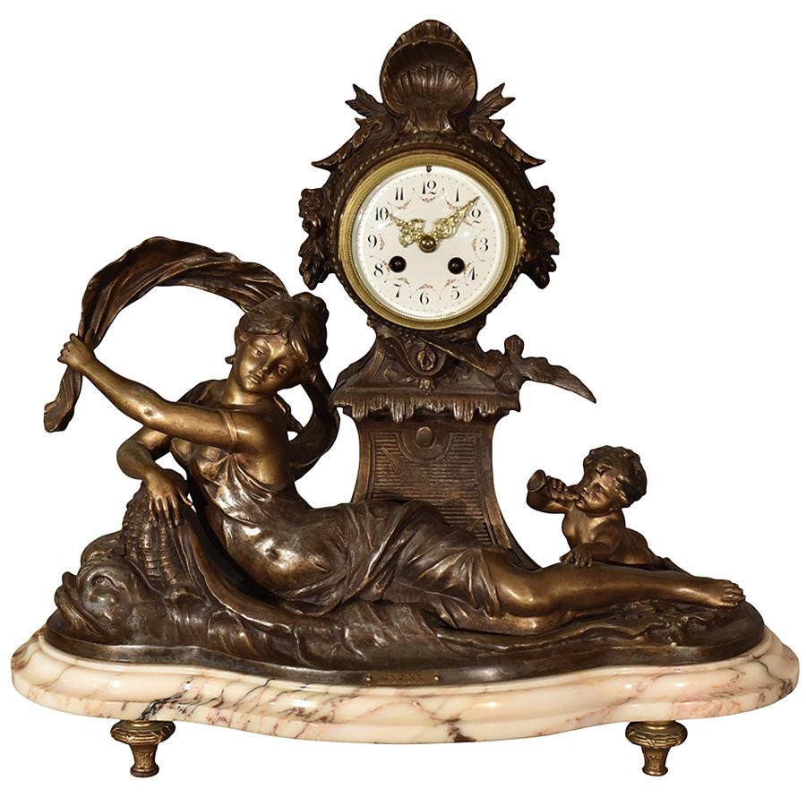 French Spelter Statue Clock - Renaissance Antiques
