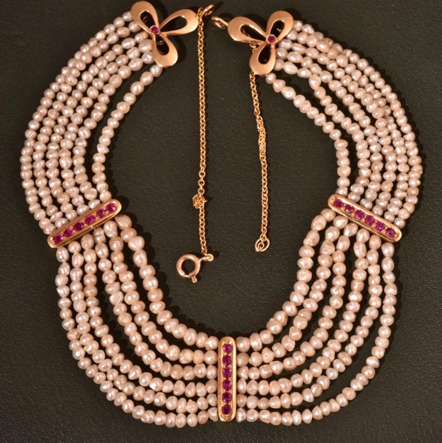 14K Yellow Gold Gold Choker Necklace with Natural Seed Pearls ...