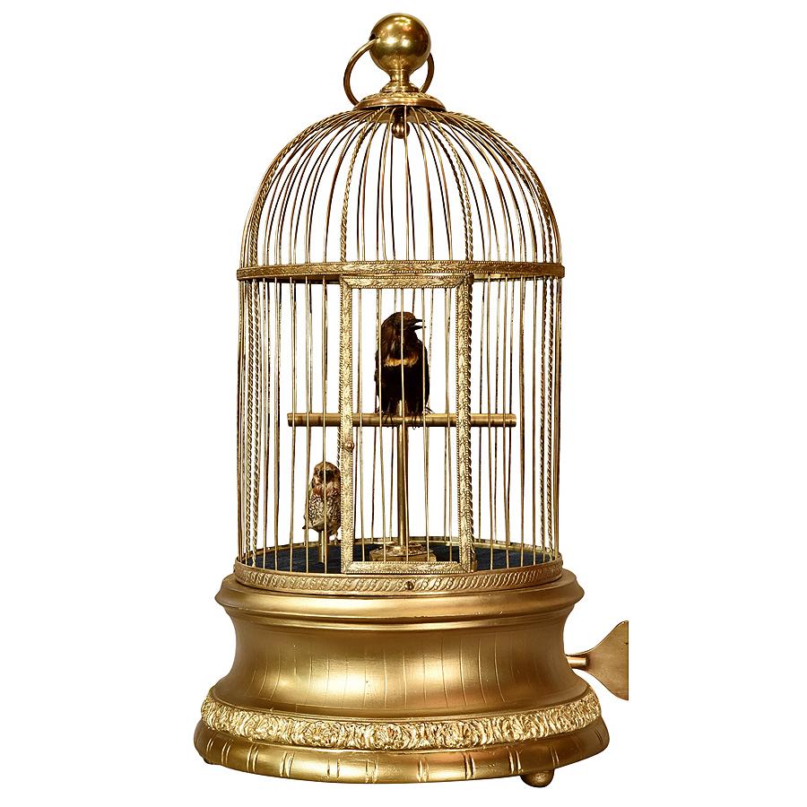 French Two Singing Birds Automaton in Gilded Cage - Renaissance Antiques