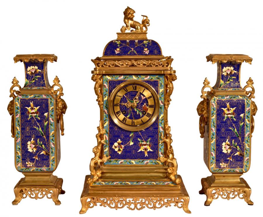 French Chinese Chinoiserie Style 3 Piece Garniture Clock - Renaissance ...