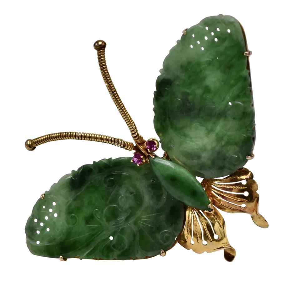 14K Yellow Gold and Green Jade Butterfly Pin - Renaissance Antiques