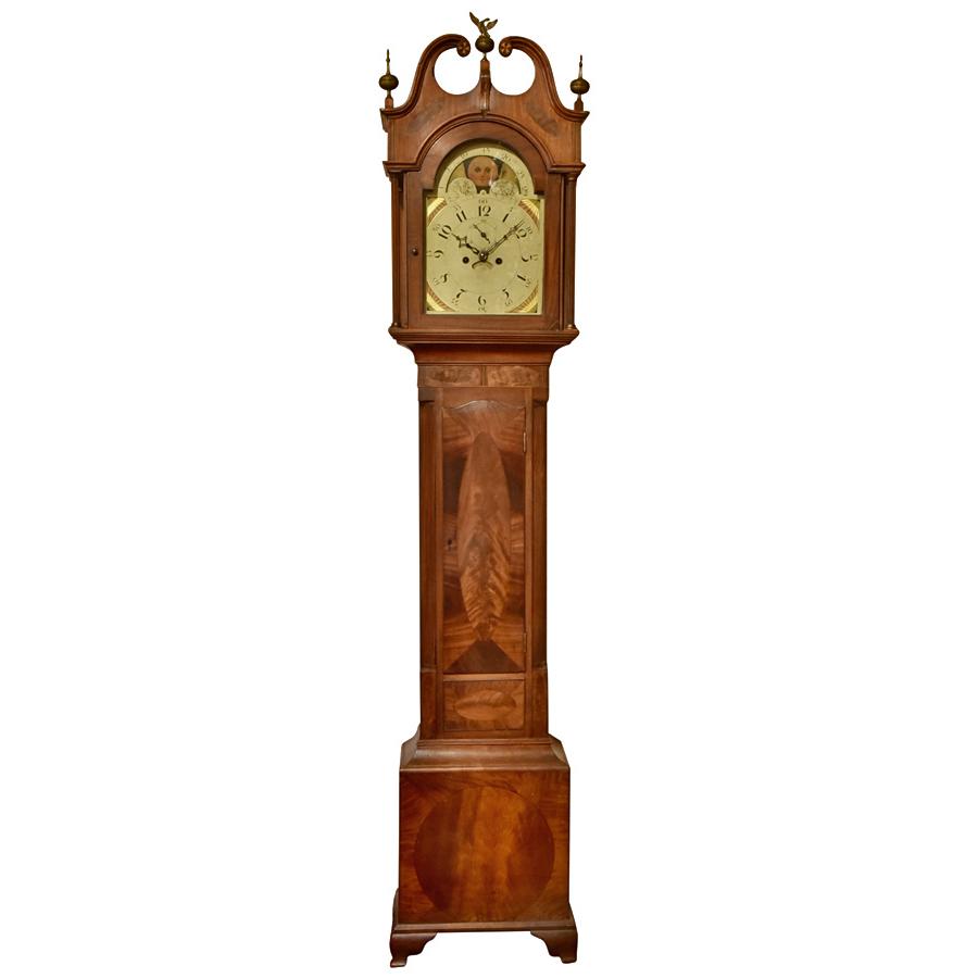 Early American Flame Mahogany Tall Case Clock - Renaissance Antiques