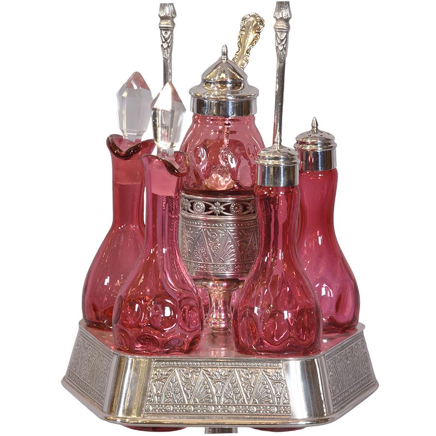 American Rare Castor Set With Cranberry Glass - Renaissance Antiques